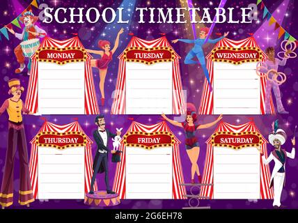 Cartoon circus education timetable schedule. Vector planner of school ...