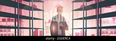 Warehouse interior with empty metal racks. Vector cartoon illustration ...