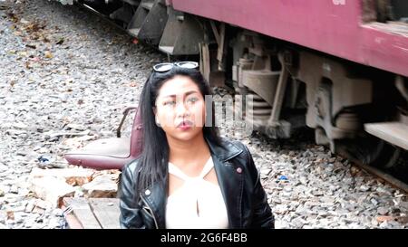 1950's Style Railroad Train with Chinese Asian Female Fashion Model ...