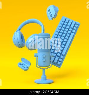 Flying monochrome blue gamer gears like mouse, keyboard, joystick ...