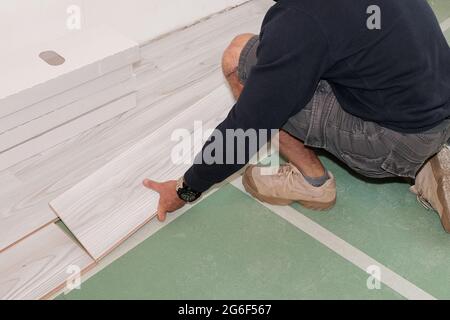Worker installing laminated wooden floor indoors, closeup Stock Photo ...