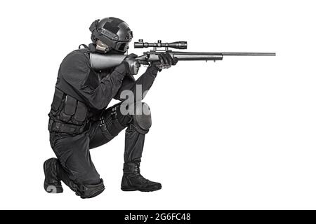 Studio shot of SWAT operator with sniper rifle Stock Photo - Alamy