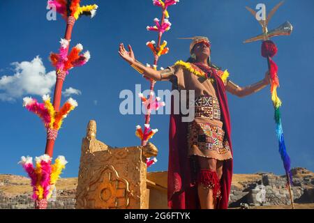 Inti Raymi, festival of the sun, Inca priest with feather crown during ...