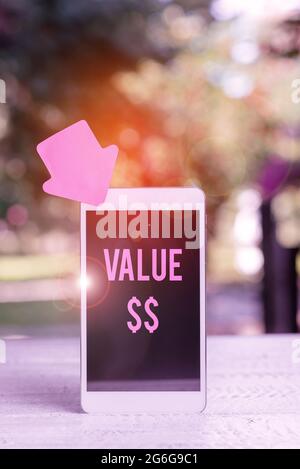 Hand writing sign Value Dolar. Business showcase the worth of the ...