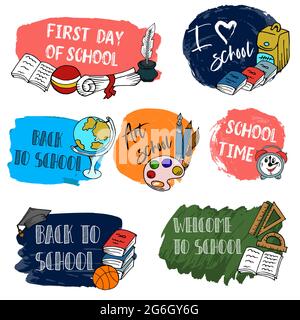 Big set of back to school labels, pins, stickers. School Sale tag. Hand ...