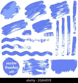 Collection of blue bicolor paint, ink brush strokes, brushes, blots ...