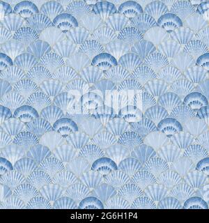Watercolor sea shell japanese waves seamless pattern. Hand drawn ...