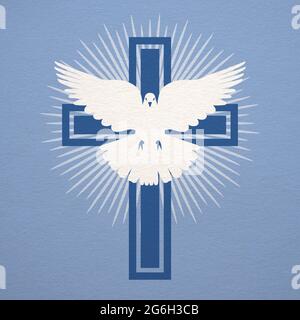 Conceptual graphic illustration of Christian cross with white dove and ...