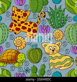 Tropical pattern of different cacti, aloe, exotic animals. Seamless ...