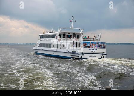 Hiddensee, Germany. 24th June, 2021. Four horses trot along a flagstone ...