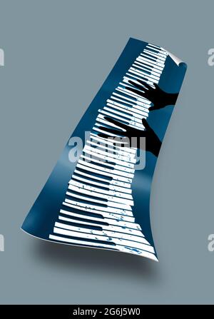 Hands are seen on a well worn and paint spattered piano keyboard. This ...