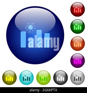 Covid graph icons on round glass buttons in multiple colors. Arranged ...