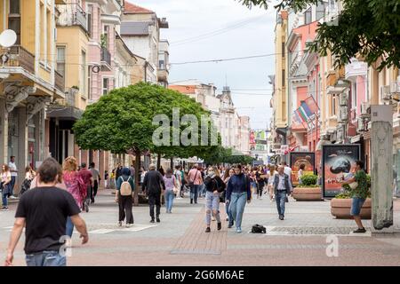 PLOVDIV, BULGARIA, JUNE 18, 2021: People enjoying the sunny weather in ...