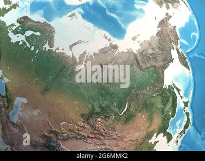 Satellite view of Siberia, Russia (with country boundaries). This image ...