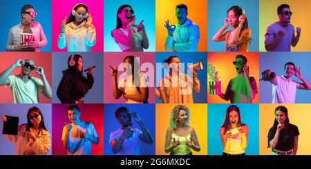 Portrait of group of people on multicolored background in neon light ...