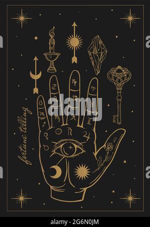 Vintage palmistry. Esoteric occult symbols on hand, palm of prophecy retro vector illustration ...