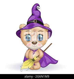 Cartoon bear with a potion and a broom in a purple witch hat and cloak ...