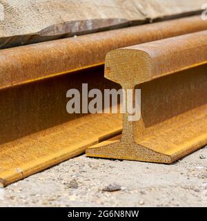 Steel train rail track profile symbol with steel wheel, 3d Illustration ...