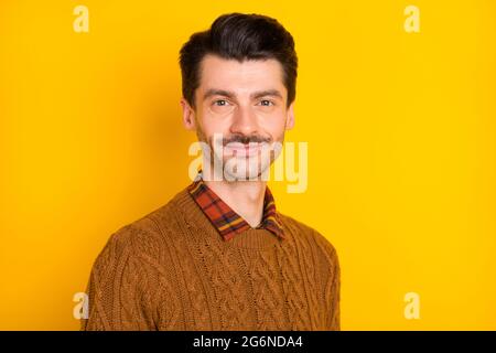 Photo of cheerful guy look camera toothy beaming smile wear shirt ...