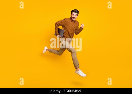 Full size photo of nice impressed brunette lady sit with like wear ...