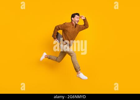 Full size photo of nice impressed brunette lady sit with like wear ...