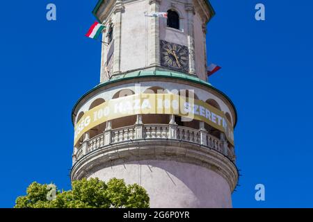 Firewatch Tower with banner 'Huseg-Haza-Szeretet' centenary of Sopron ...