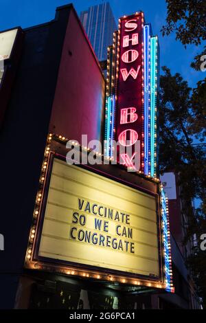 Seattle, USA. 7th Jul, 2021. The Showbox with a Vaccination message ...