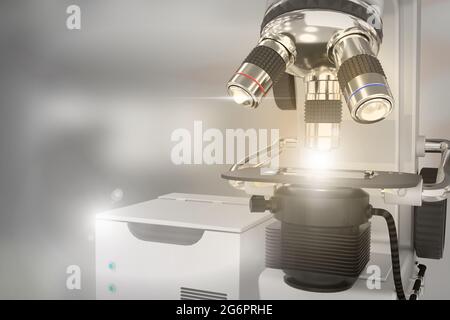 bacteria analyzing concept, laboratory hi-tech microscope and monitor ...