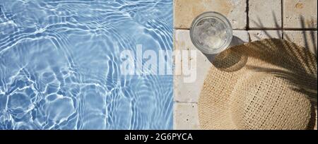 Summer vacation. Hat on the travertine stone by the beautiful swimming ...