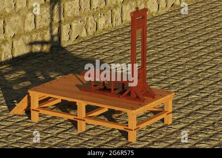 Guillotine, behead, decapitation wood instrument isolated against white ...