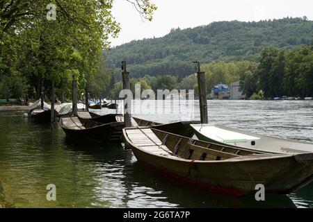 Wooden boats called weidling in German language. Boats are moored at ...