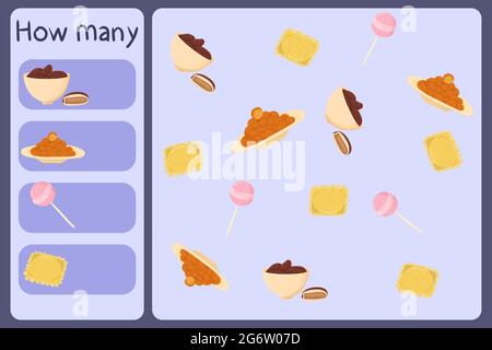 Kids mathematical mini game - count how many fruits - avocado, fig ...