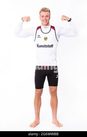 Potsdam, Germany. 20th May, 2020. Canoeist Jacob Schopf smiles at the ...