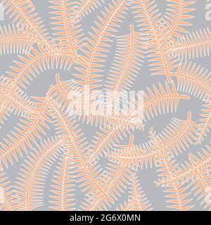 Tropical fern leaves gray outline drawing seamless pattern. White ...