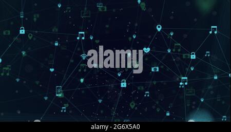 Image of icons and network of connections on blue background Stock ...