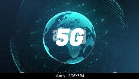 Image of 5G written in white letters with scope scanning, data recording and computer processor ...