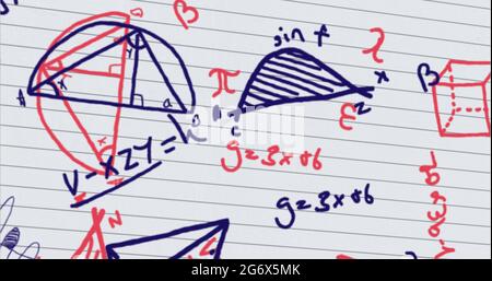 Image of mathematical equations and symbols against white lined paper ...