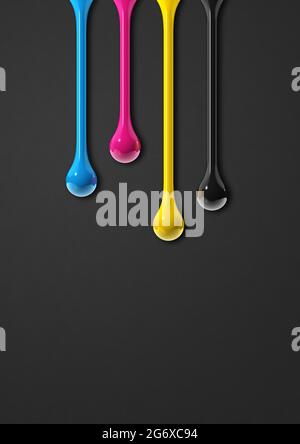 3D cmyk ink drops isolated on black concrete background. Illustration ...