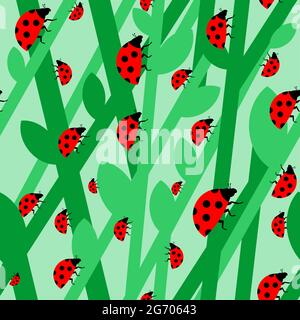 Ladybug in grass pattern seamless. Red small bug background. beetle ...