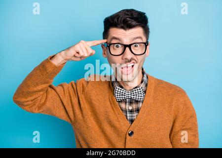 Photo of young unhappy man point finger warning rule bad mood wear ...