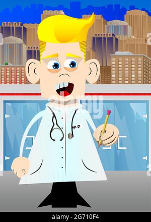 Funny cartoon doctor holding a pencil in his hand. Vector illustration ...