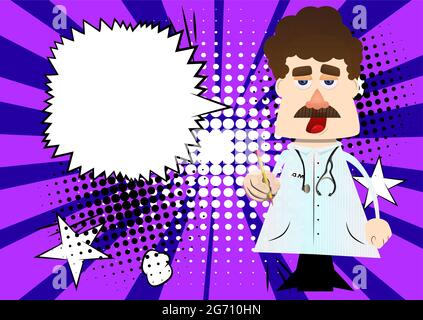 Funny cartoon doctor holding a pencil in his hand. Vector illustration ...