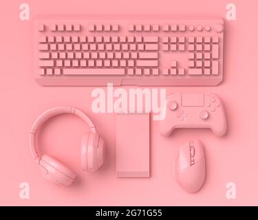 Top view monochrome gamer gears like VR, mouse, keyboard, web camera ...