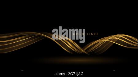 Abstract Gold Waves. Shiny golden moving lines design element on dark ...