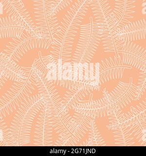 Tropical fern leaves gray outline drawing seamless pattern. White ...