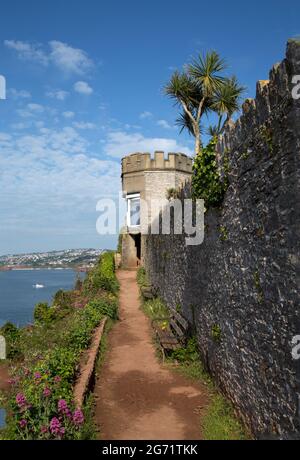 Stone wall on the coast path Cornwall, construction was using large ...