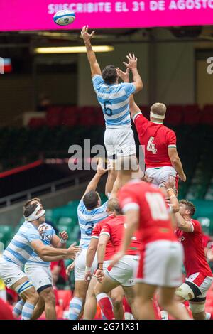Cardiff, UK. July 10th : Pablo Matera (Argentina) controls the ball ...