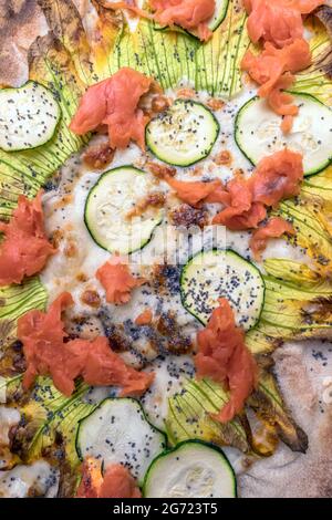Italian cuisine. Seafood pizza. Flat lay on wooden table with copy ...