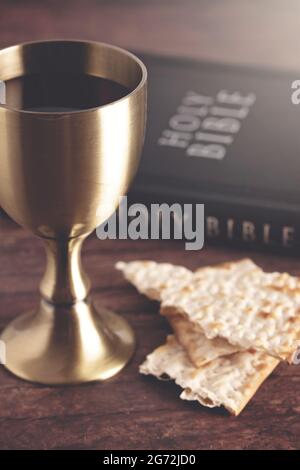 Holy Communion or the Lords Supper Prepared on a Dark Wood Table with ...