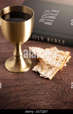 Holy Communion or the Lords Supper Prepared on a Dark Wood Table with ...